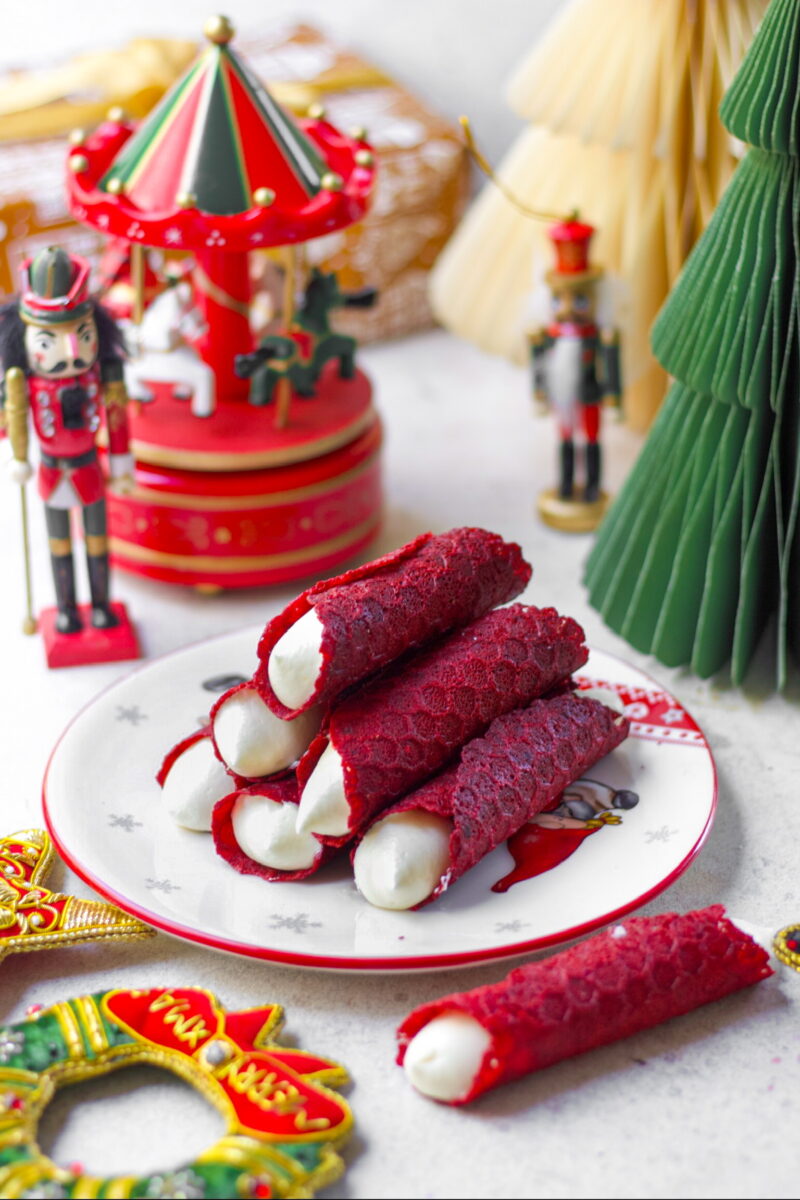 RED VELVET WAFER ROLLS - Bake with Shivesh